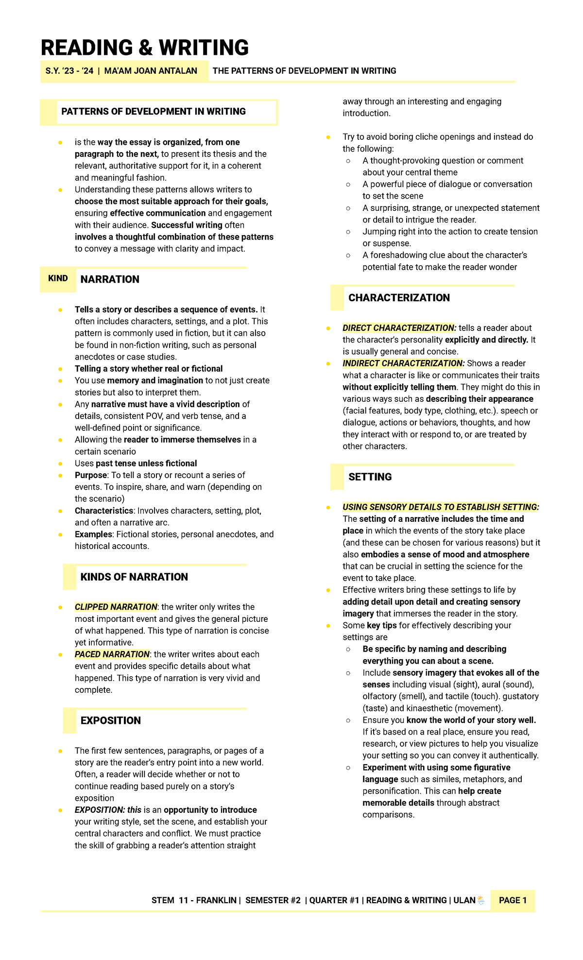 Reading and Writing - S. ‘23 - ‘24 | MA’AM JOAN ANTALAN THE PATTERNS OF ...