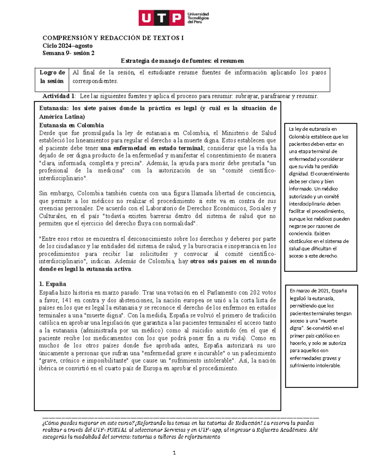 S09 s2+El+resum Pmvlmt - COMPRENSIÓN Y REDACCIÓN DE TEXTOS I Ciclo 2024 ...