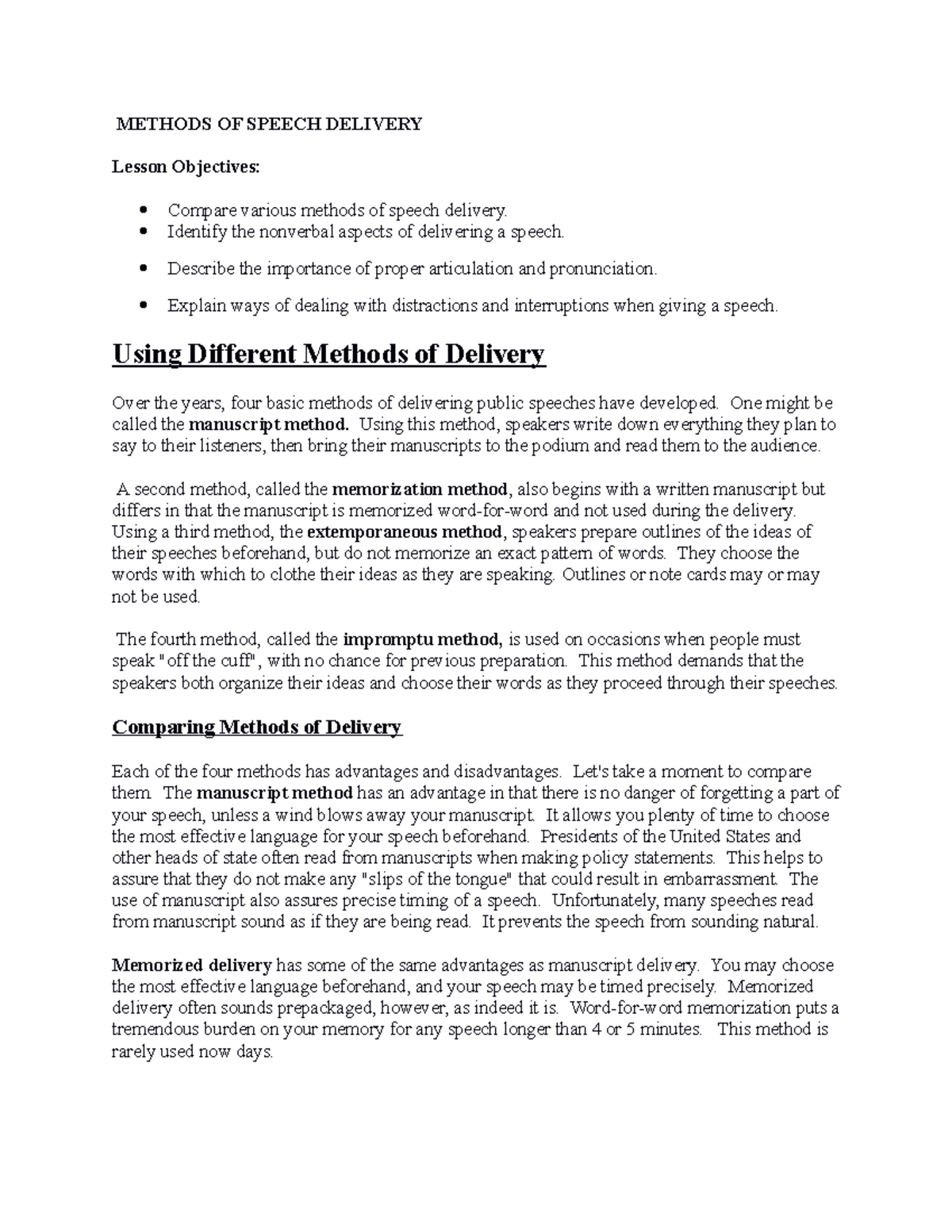 Methods OF Speech Delivery - METHODS OF SPEECH DELIVERY Lesson ...