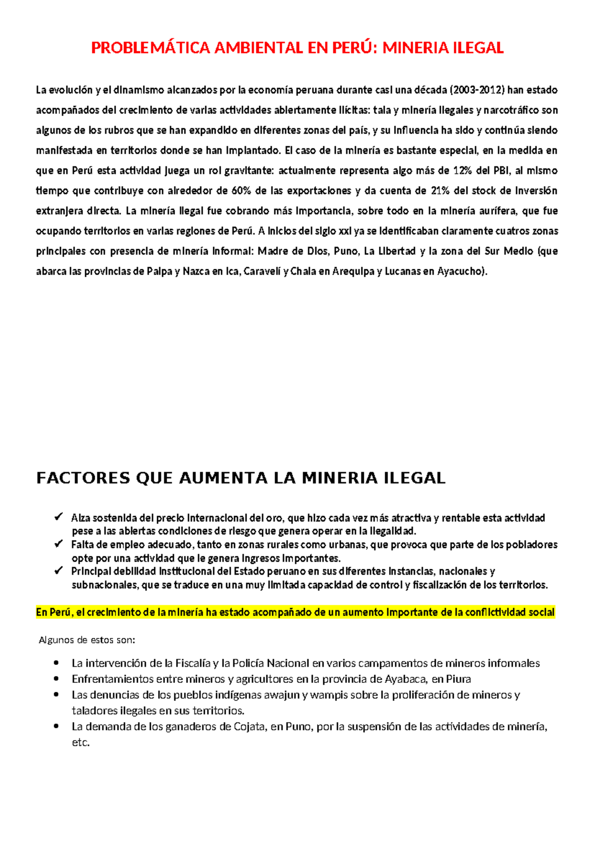 Problemática Ambiental EN PERÚ - PROBLEMÁTICA AMBIENTAL EN PERÚ: MINERIA ILEGAL La evolución y ...