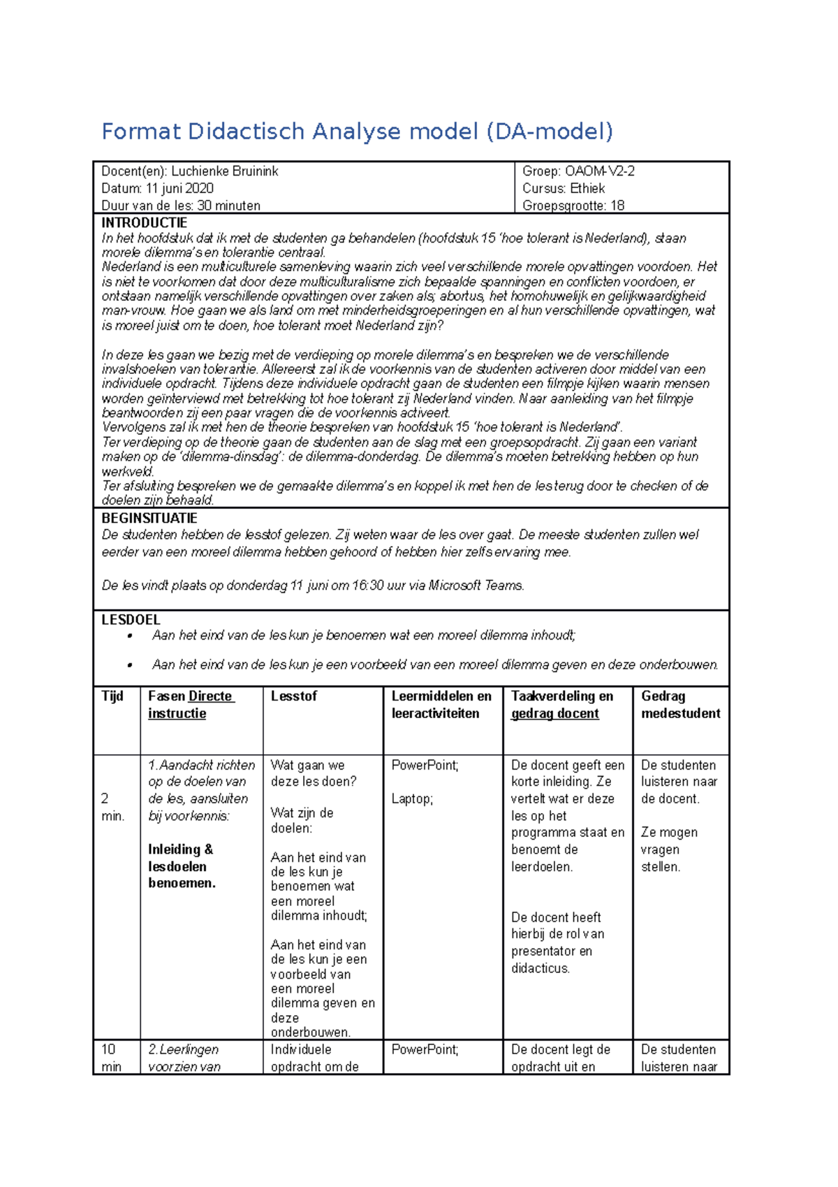 Gegeven les Ethiek - Format Didactisch Analyse model (DA-model) Docent ...