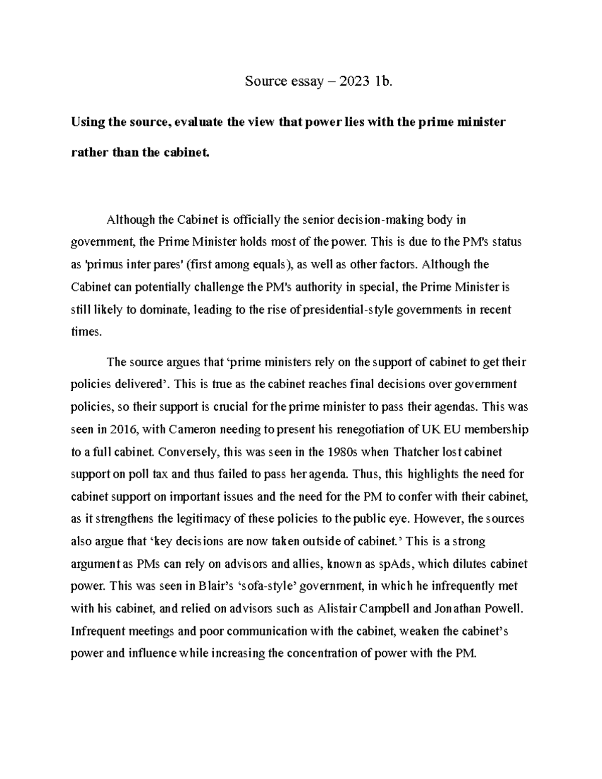 PM and cabinet source essay - Source essay – 2023 1b. Using the source ...
