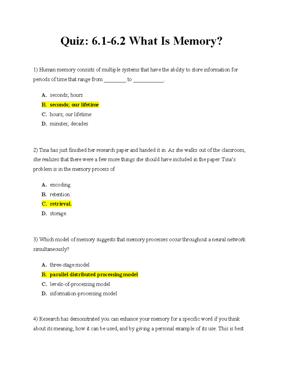 Quiz 6.1-6.2 What Is Memory - Quiz: 6.1-6 What Is Memory? Human memory ...