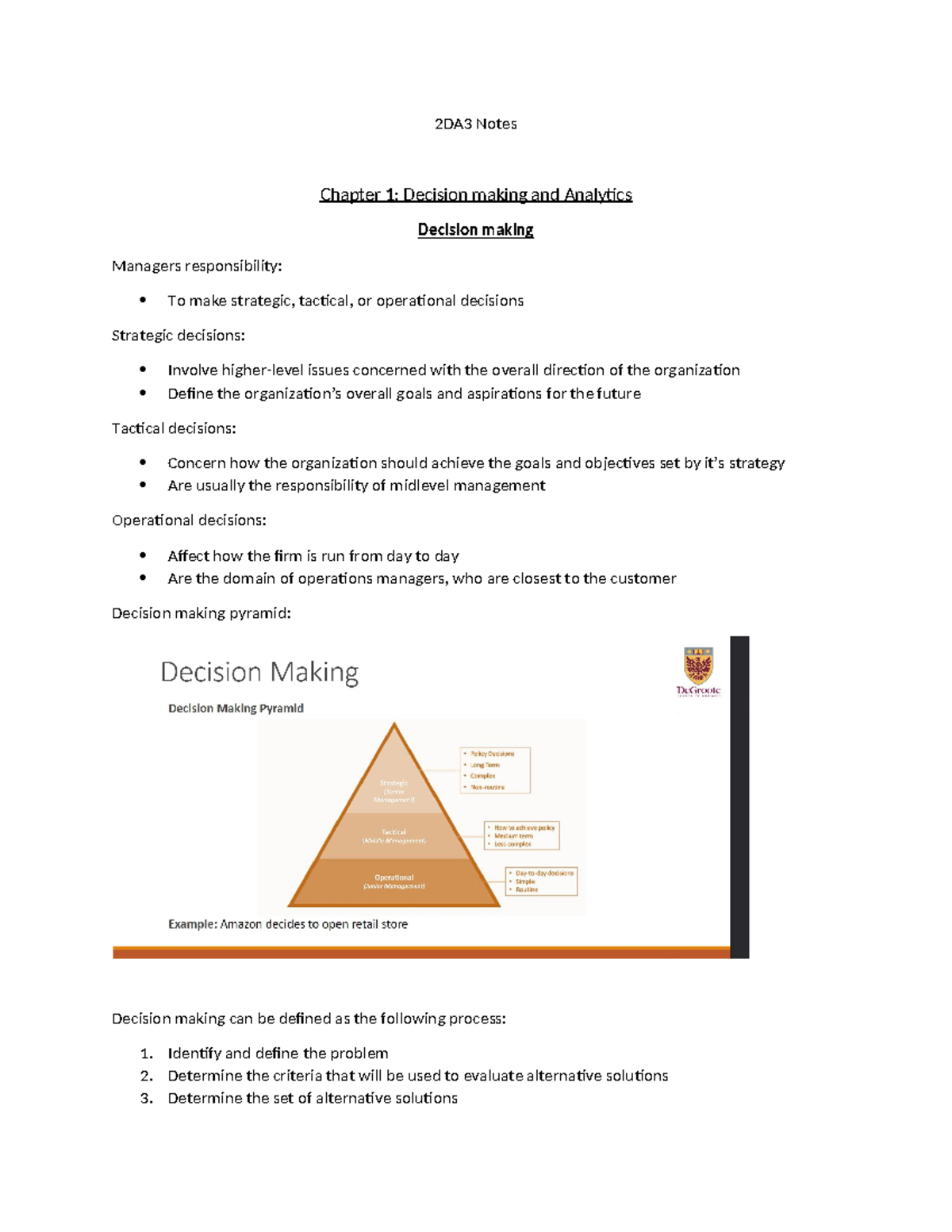 lecutre Notes chap 1 - 2DA3 Notes Chapter 1: Decision making and ...