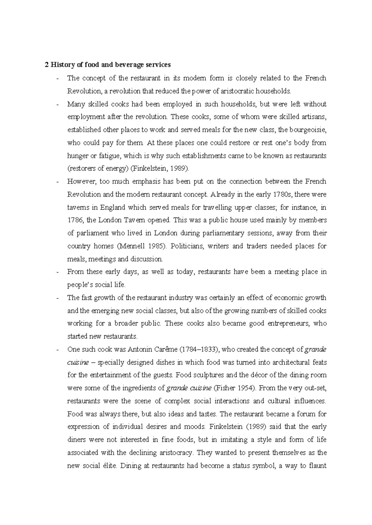 Food service Notes - 2 History of food and beverage services - The ...