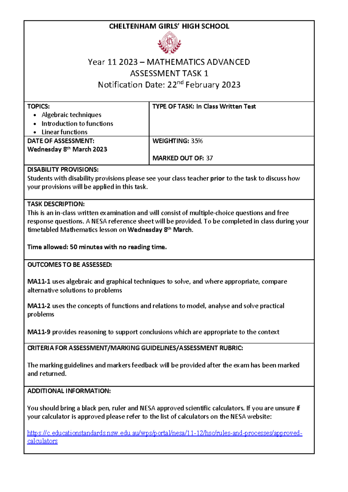 2023 YEAR 11 ADV Assessment task 1 Notification - CHELTENHAM GIRLS’ HIGH SCHOOL Year 1 1 2023 ...