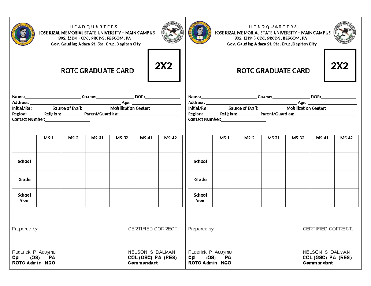 ROTC-CARD - IMPORTANT CARD - H E A D Q U A R T E R S JOSE RIZAL MEMORIAL STATE UNIVERSITY – MAIN ...