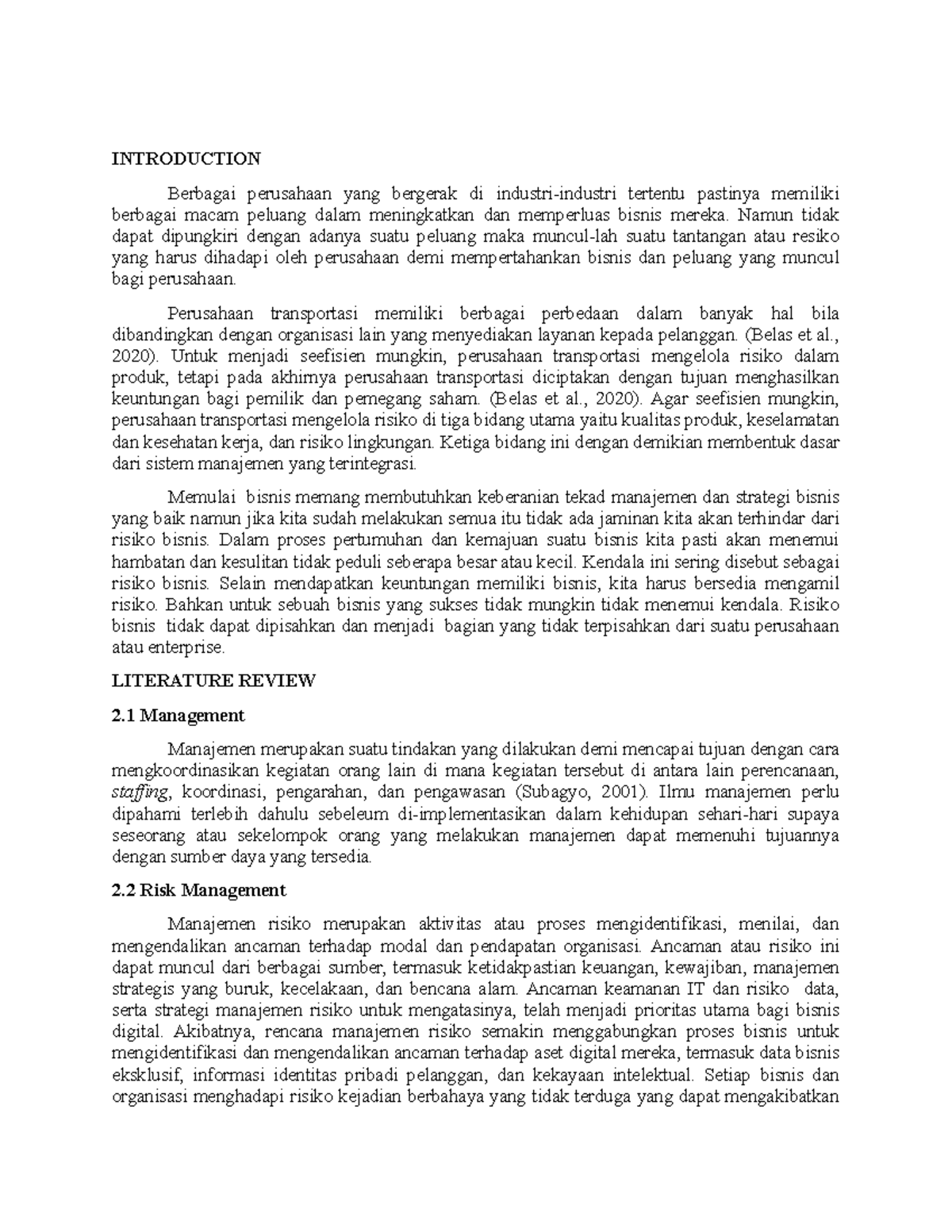 Risk Management - INTRODUCTION Berbagai perusahaan yang bergerak di ...