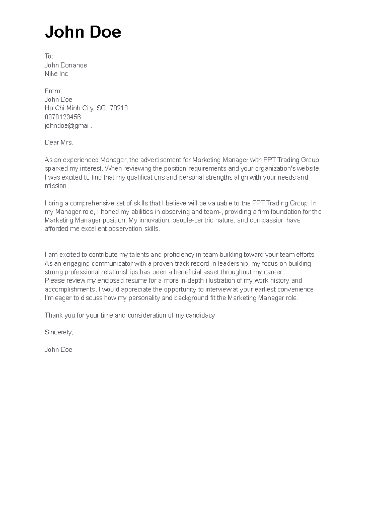 Cover Letter - John Doe To: John Donahoe Nike Inc From: John Doe Ho Chi ...