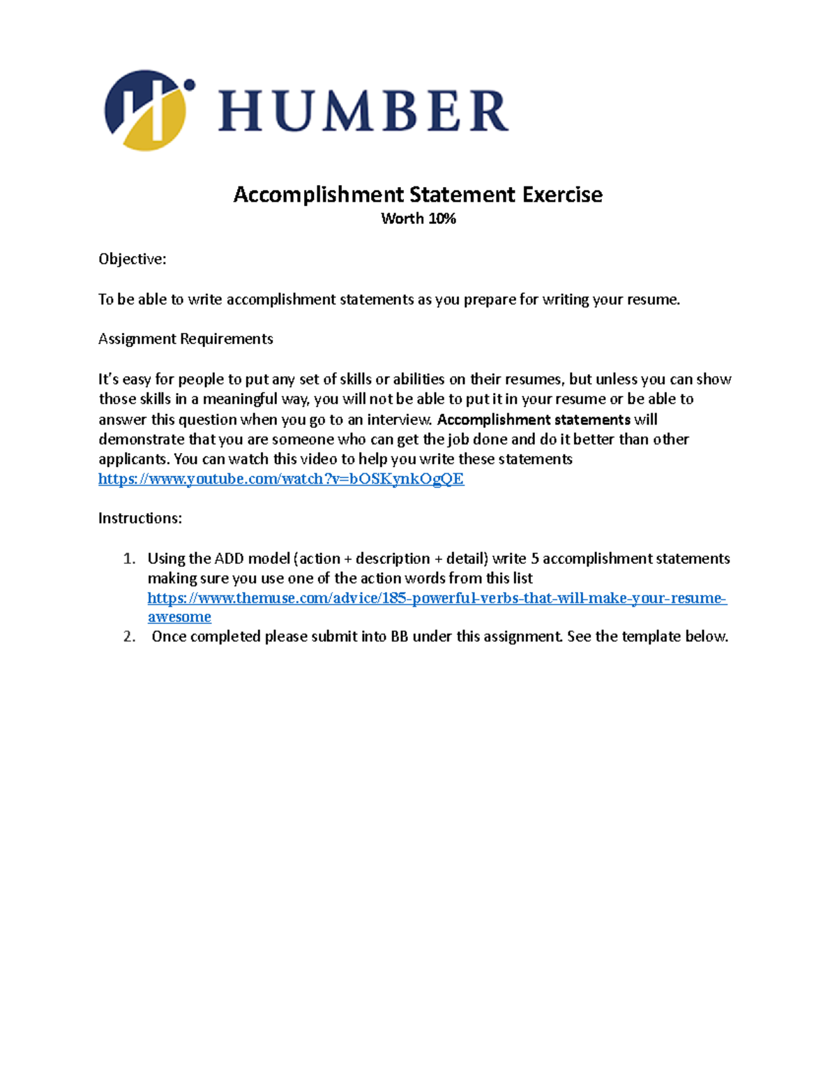 WORK 5005 Accomplishment Statements - Accomplishment Statement Exercise ...