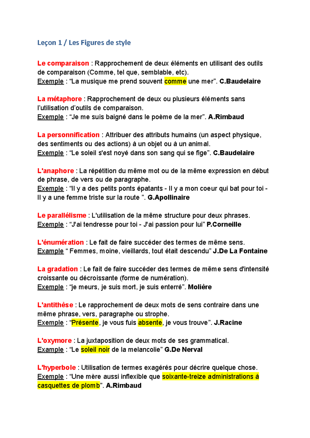 Les Figures de style - Exemple : “La musique me prend souvent comme une ...