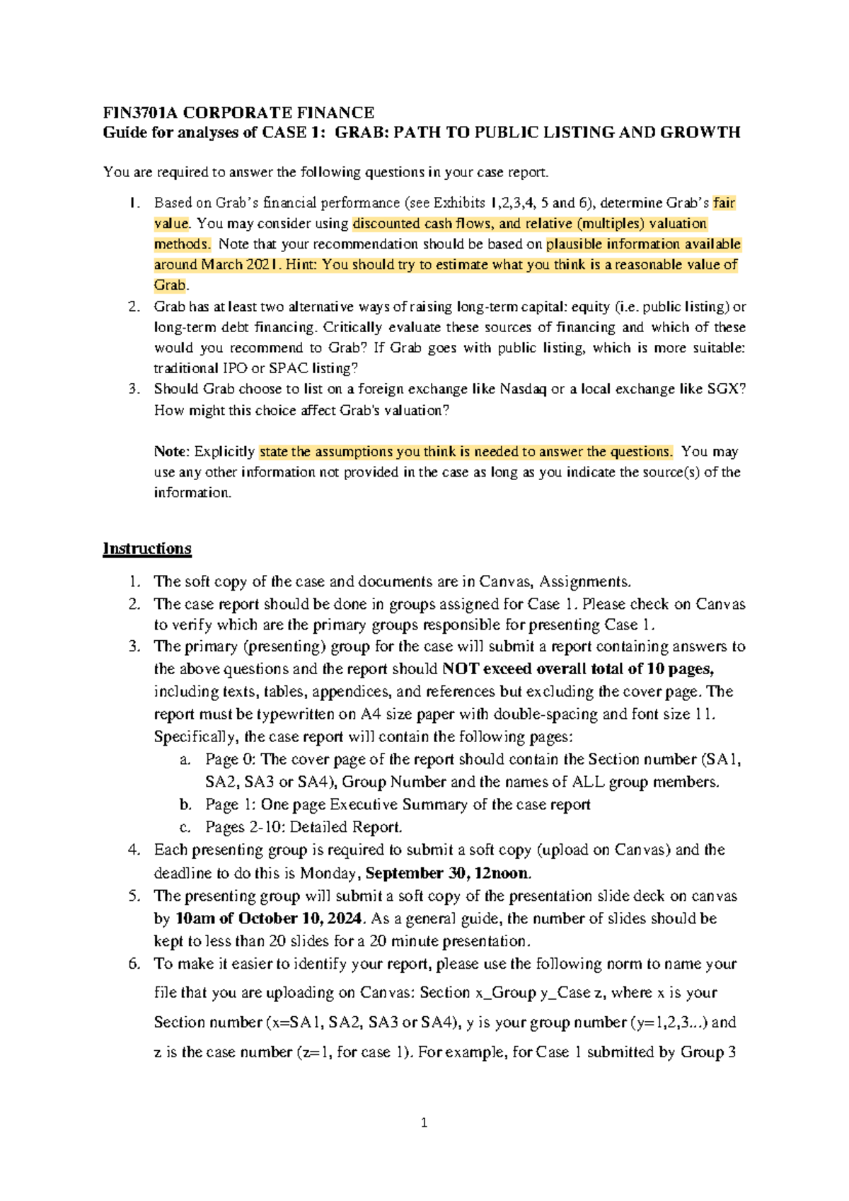 Case 1 Guide Grab - 1 FIN3701A CORPORATE FINANCE Guide for analyses of ...