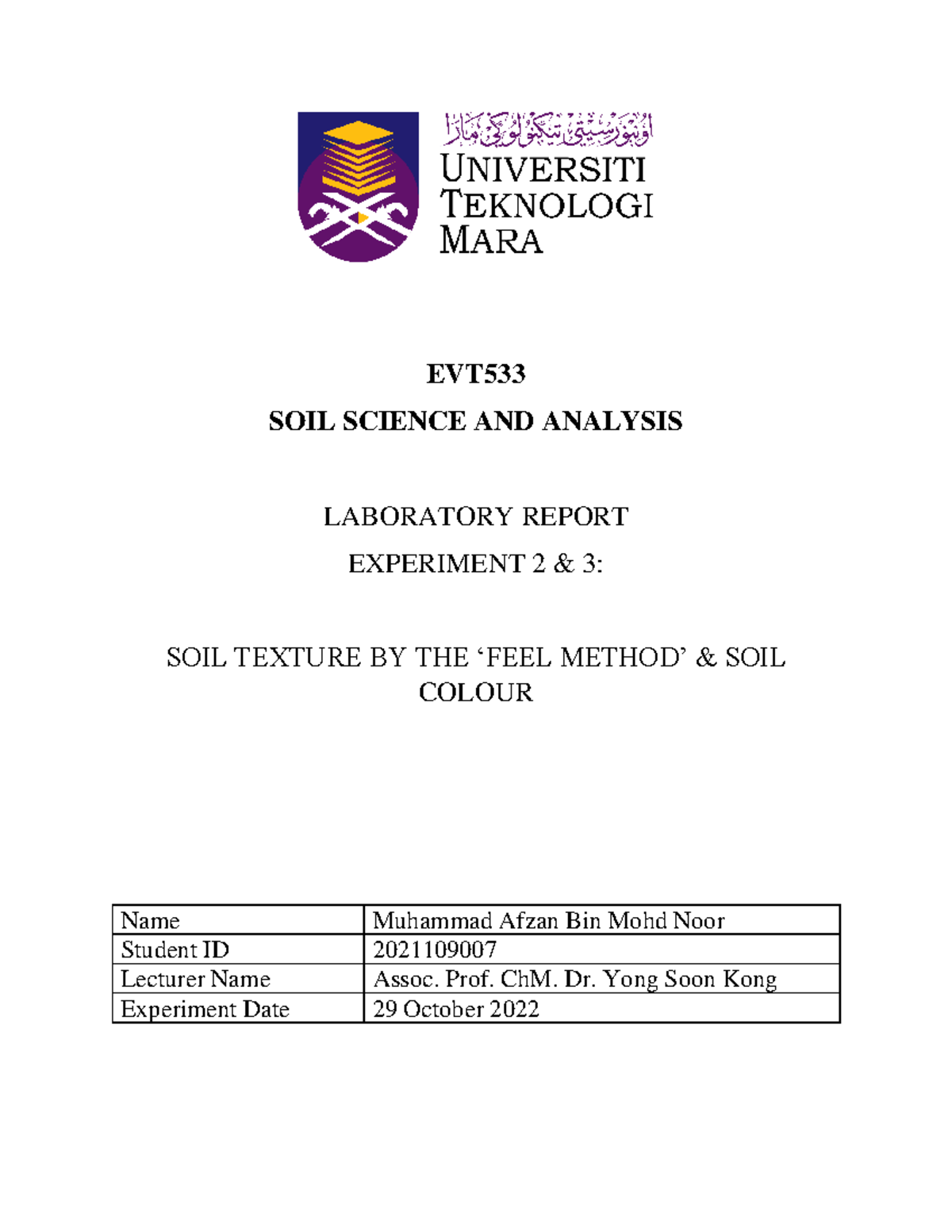 EVT533 Experiment 2 3 - Lab report - EVT SOIL SCIENCE AND ANALYSIS ...