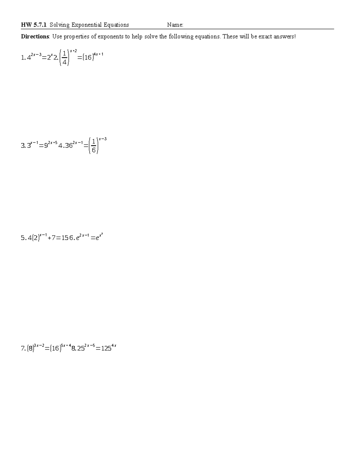 HW 5.7.1 Solving Exponential Equations - HW 5.7 Solving Exponential ...