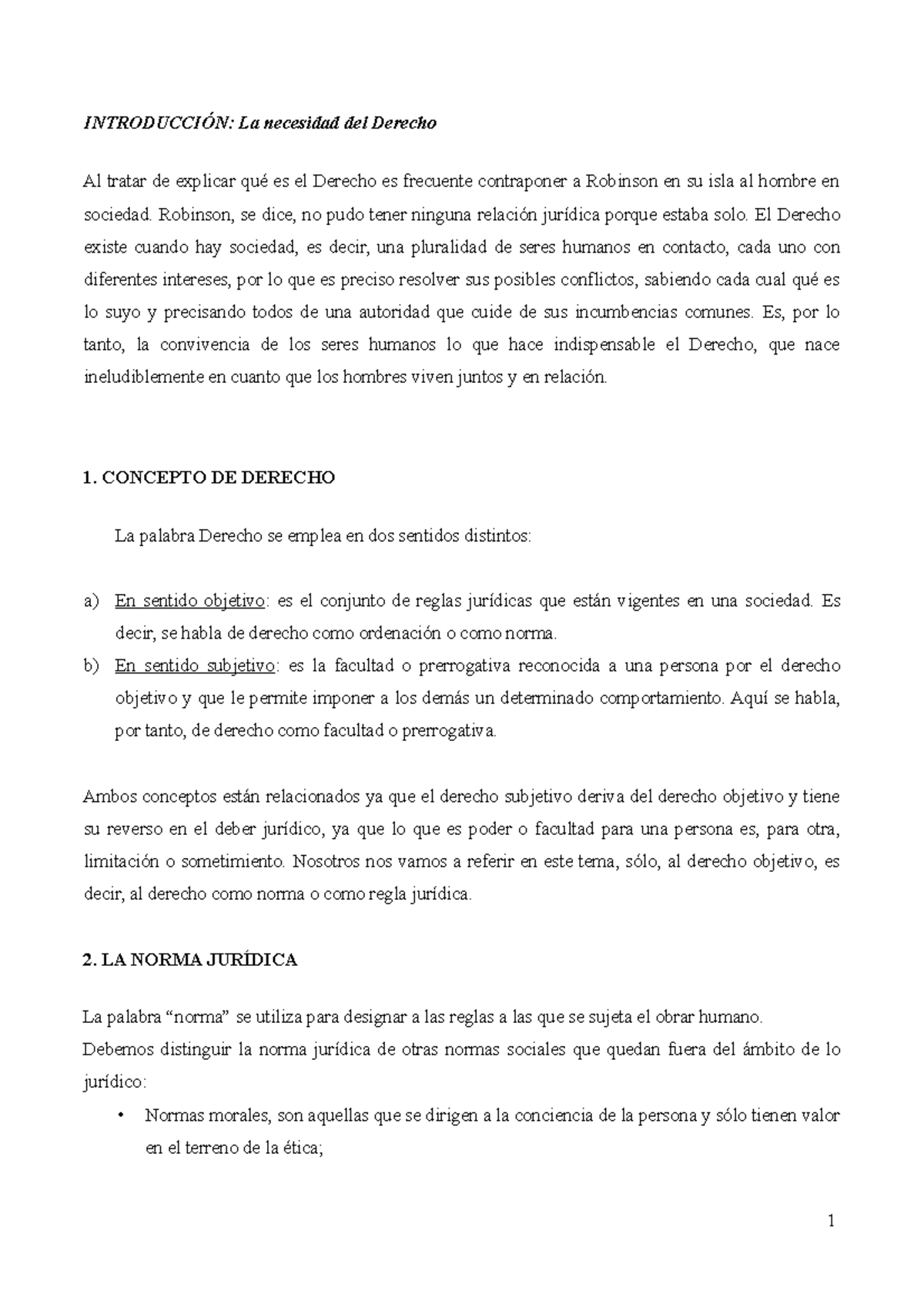 Leccion 1 EL Derecho Objetivo - INTRODUCCIÓN: La necesidad del Derecho Al tratar de explicar qué ...