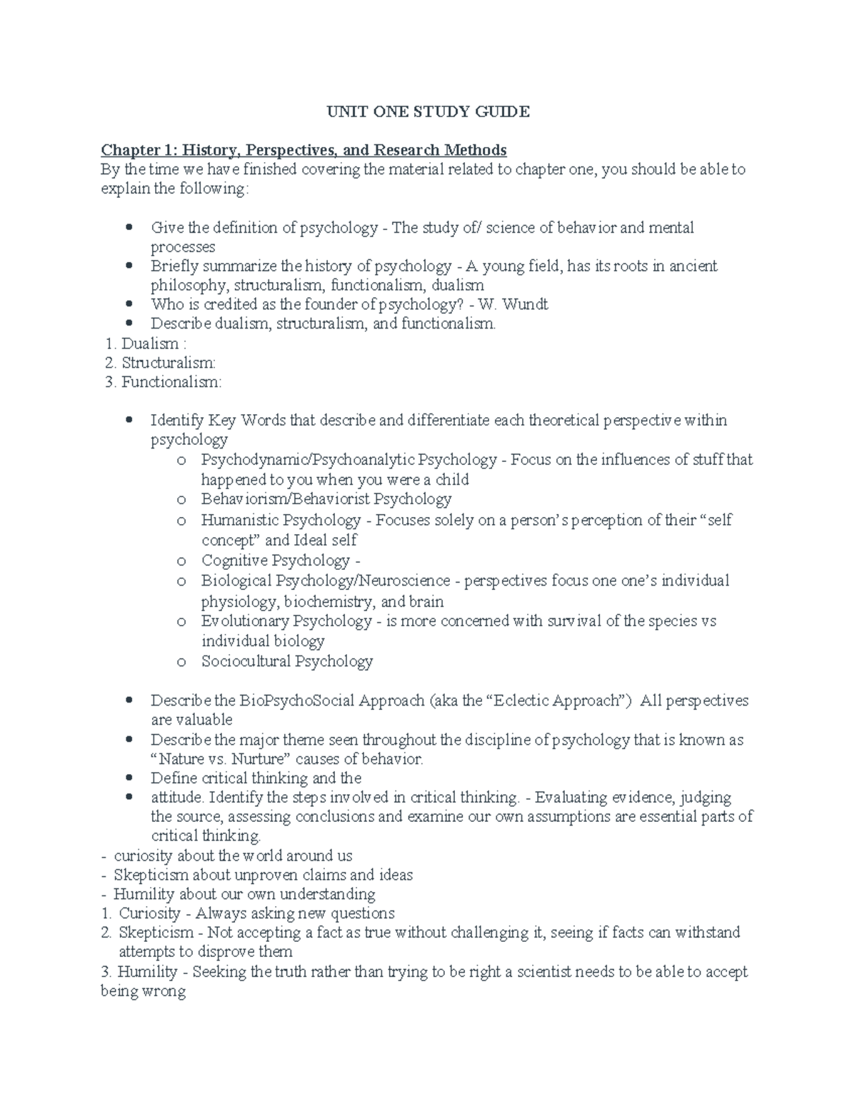 Unit 1 Study Guide Spring 2024 final - UNIT ONE STUDY GUIDE Chapter 1 ...