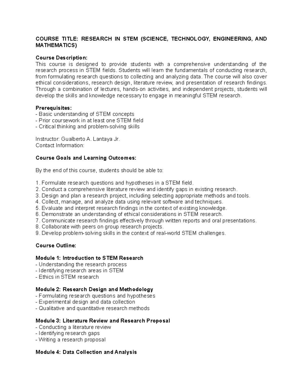 Syllabi in Research in Science - COURSE TITLE: RESEARCH IN STEM ...