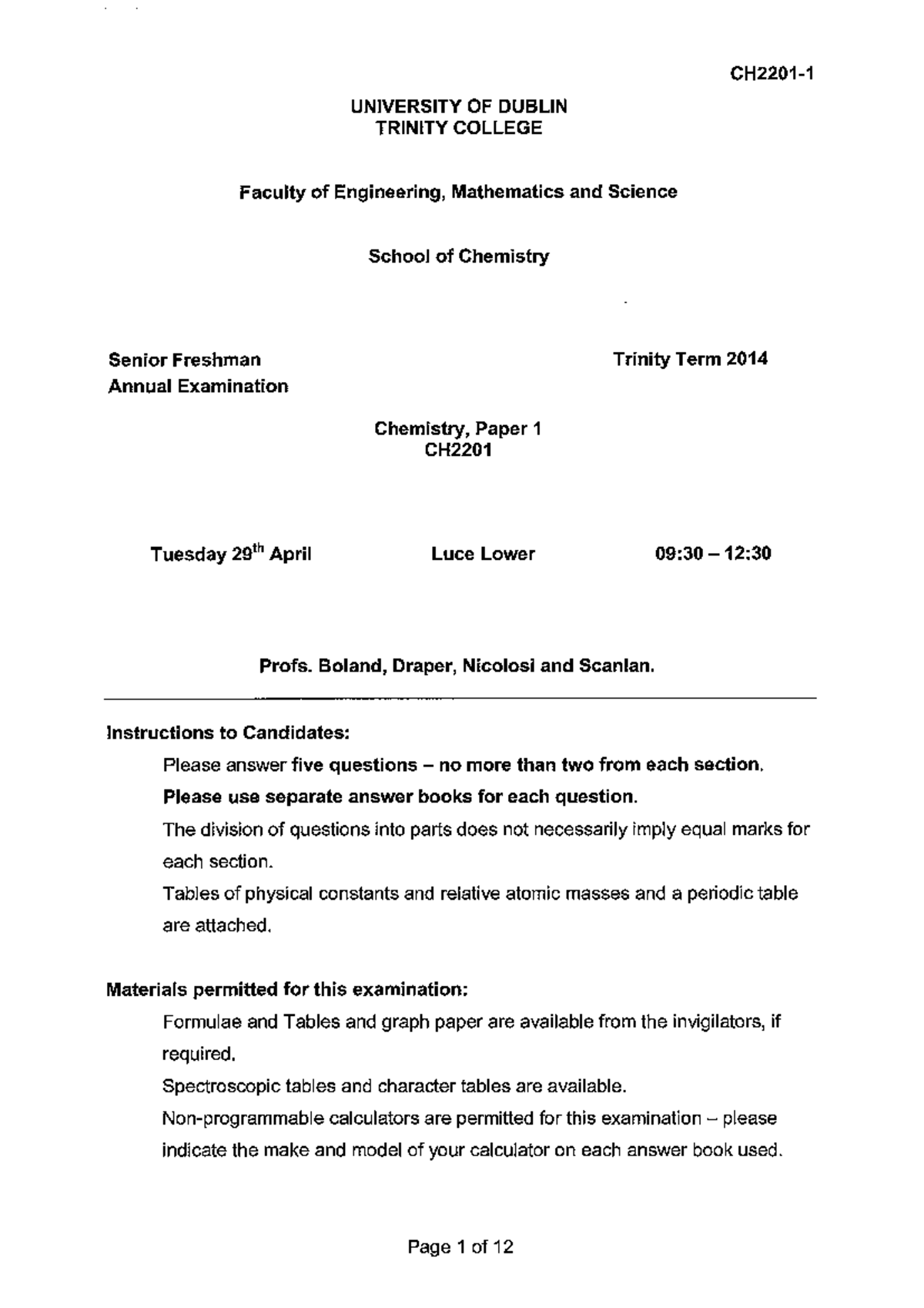 CH2201 1 exam 2014 - Past paper - Chemistry - Studocu