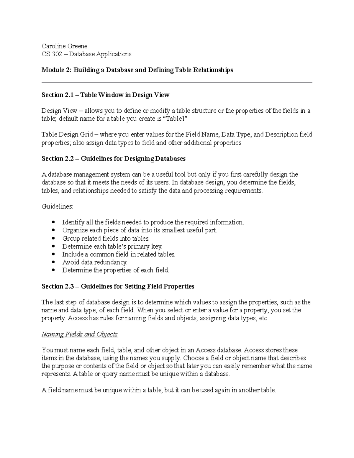 CS 302 Access Module 2 Notes - Caroline Greene CS 302 – Database ...