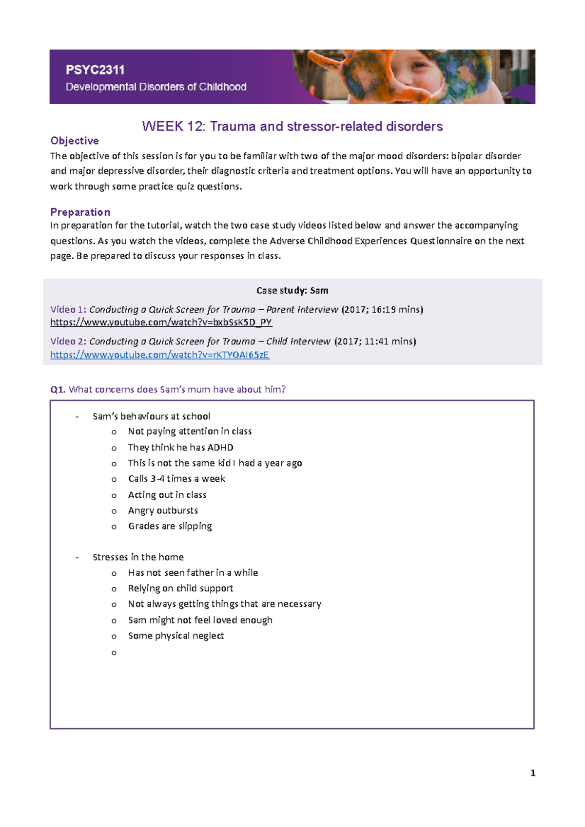 PSYC2311 Tutorial Worksheet Week 12 - Trauma and stressor-related disorders - WEEK 12: Trauma ...