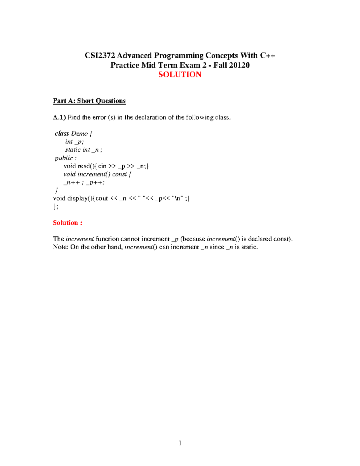 Sol Practice Mid Term Exam2 CSI2372 F20 - CSI2372 Advanced Programming Concepts With C++ ...