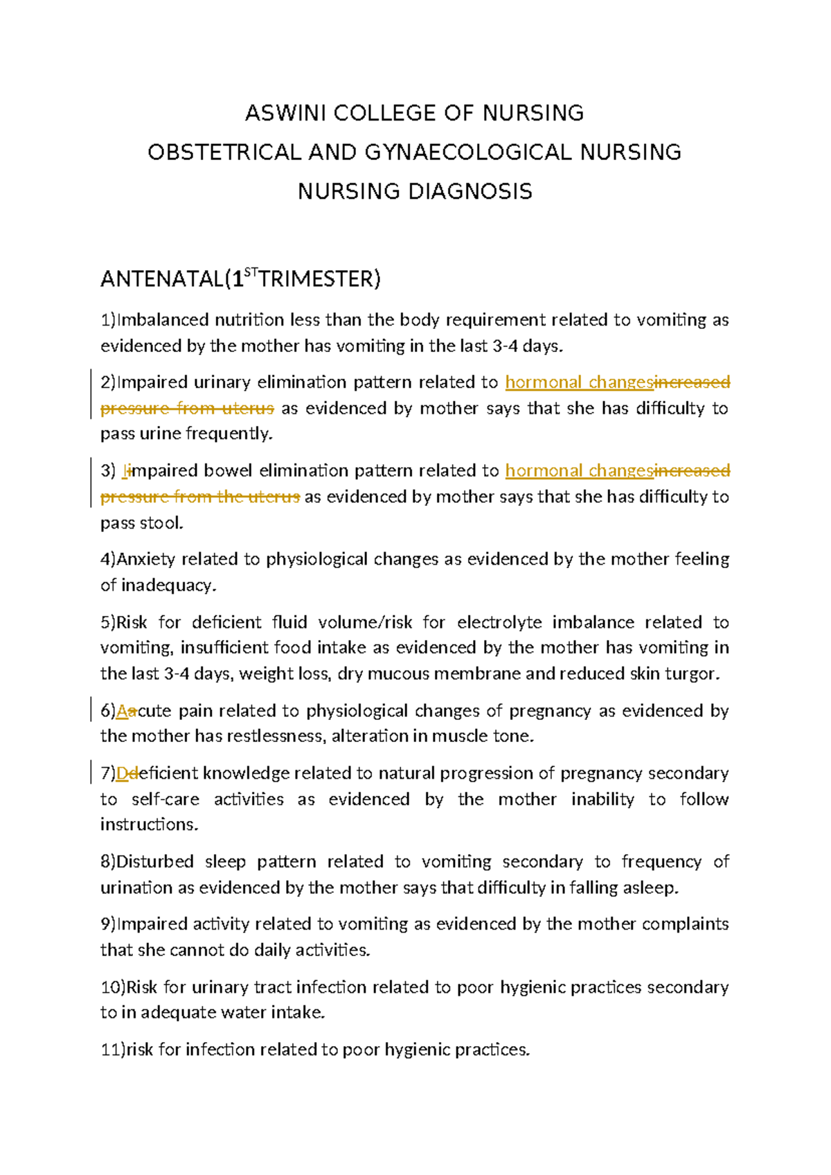 NSG Diagnosis OBG - Antenatal, postnatal, intranatal - ASWINI COLLEGE ...