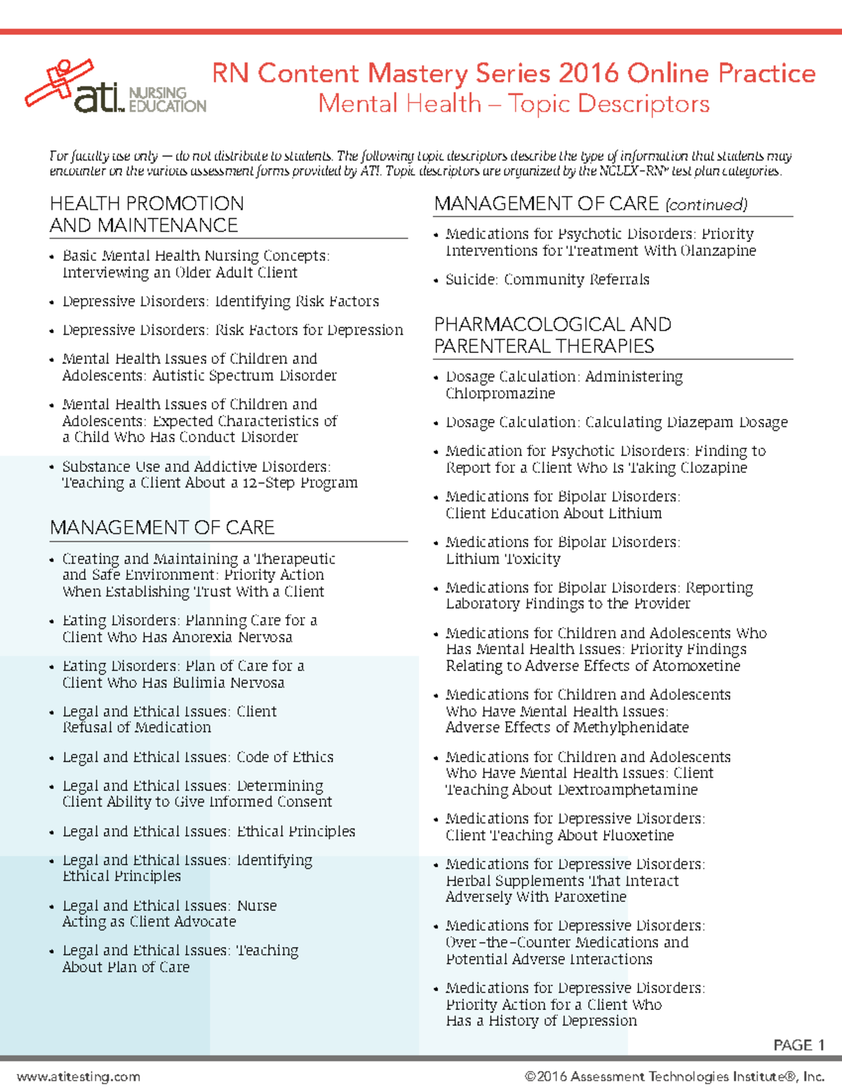 RN Mental Health Topic Descriptors - PAGE 1 RN Content Mastery Series ...