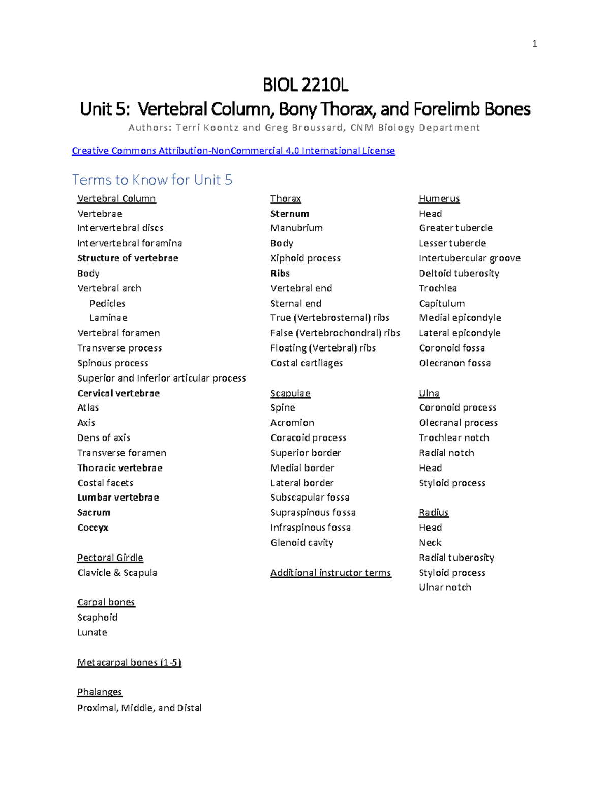 Unit 5 vertebral column bony thorax and forelimb bones - BIOL 2210 L ...