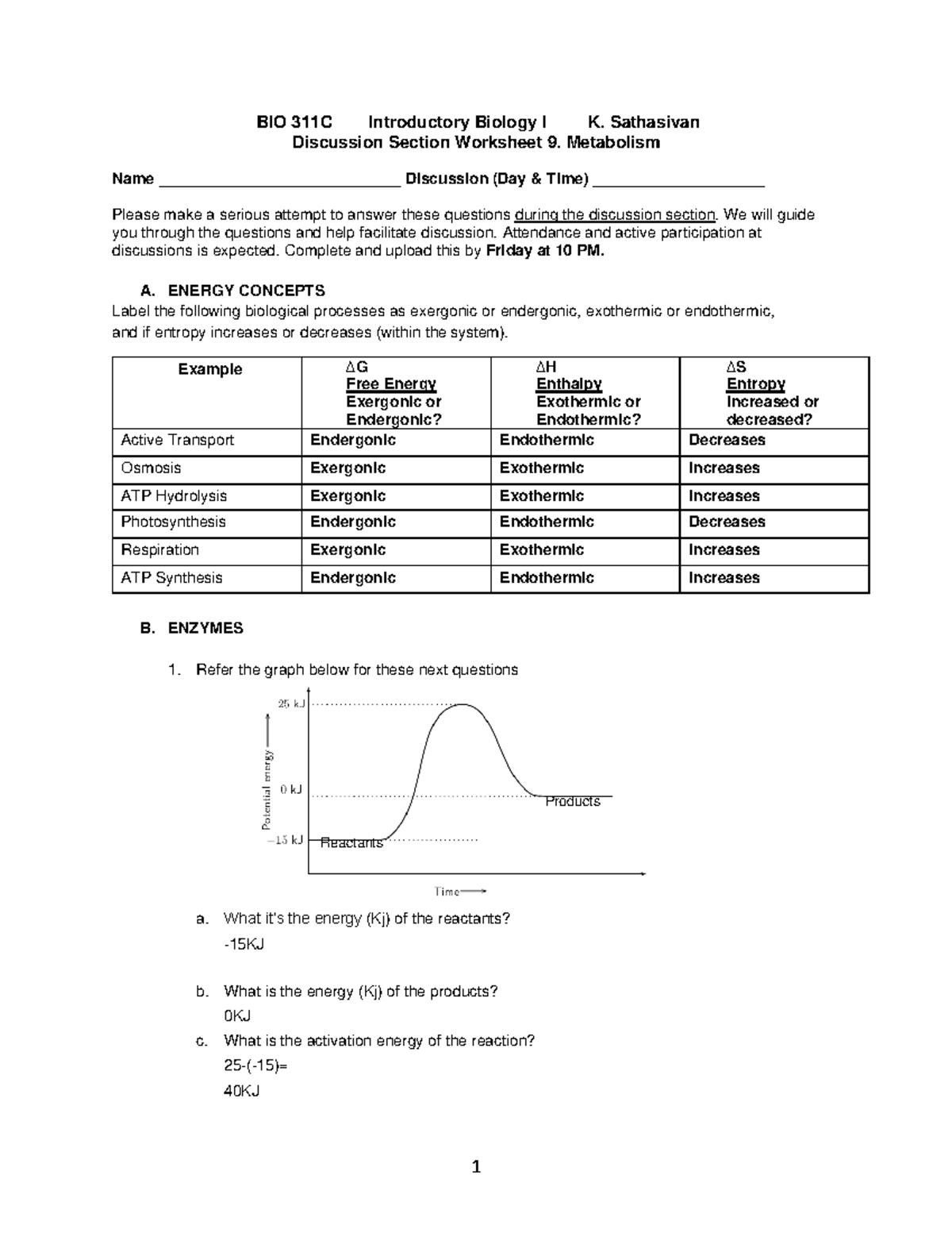 DSW 9. Metabolism Fall 2023 - 1 BIO 311C Introductory Biology I K ...