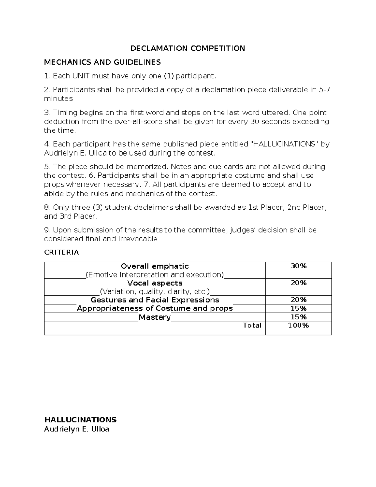 Declamation Competition Mechanics and Criteria - DECLAMATION ...