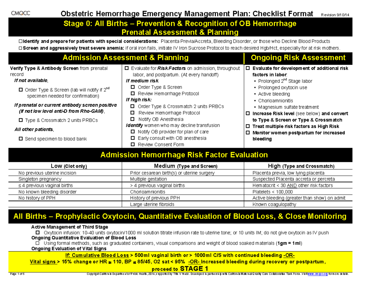 OB Hem Emergency Managment Plan Checklist Format - Obstetric Hemorrhage ...
