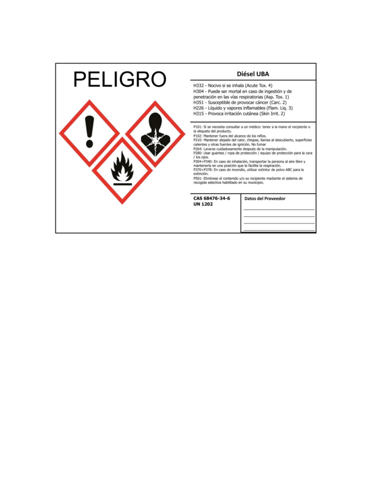 Etiqueta ACPM - PELIGRO Diésel UBA H332 Nocivo si se inhala (Acute Tox ...