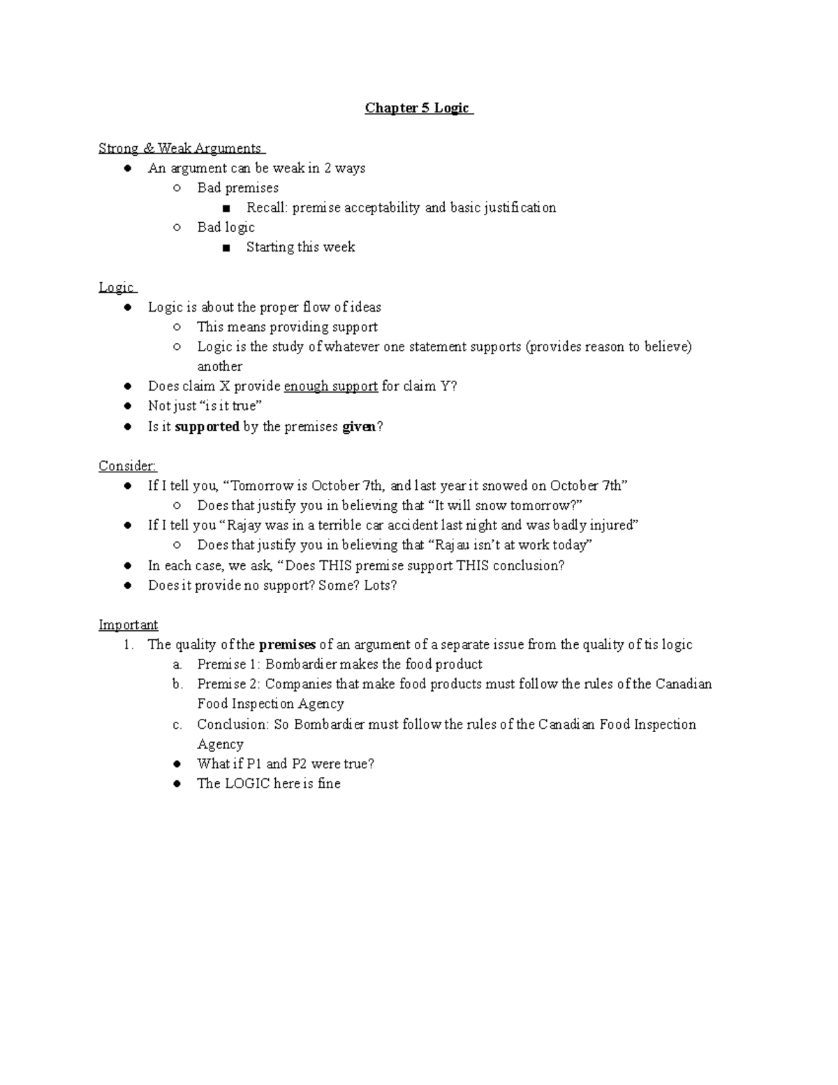 5. Logic Deduction - notes - Chapter 5 Logic Strong & Weak Arguments An ...