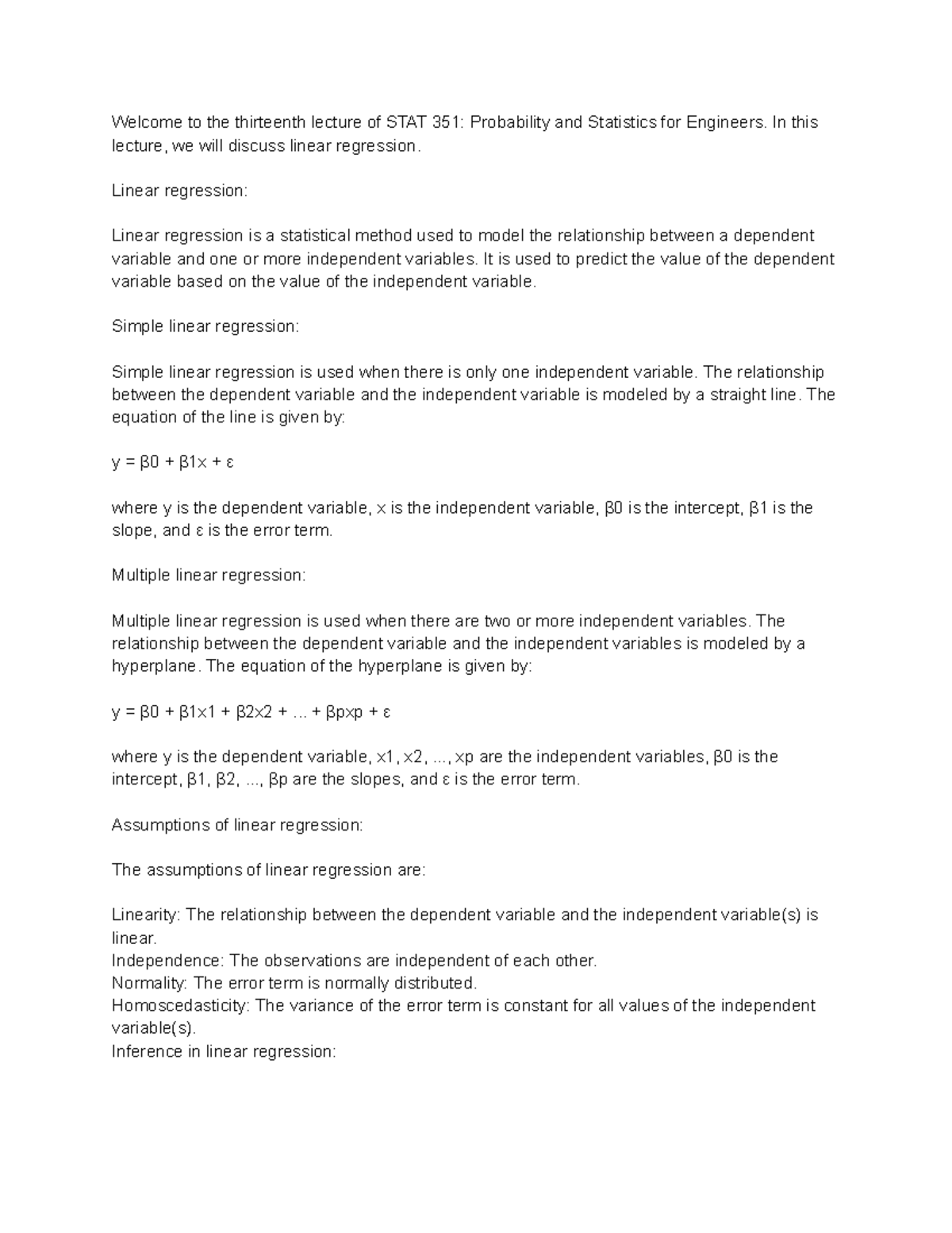 Lecture #13 Linear Regression - Welcome to the thirteenth lecture of STAT 351: Probability and ...