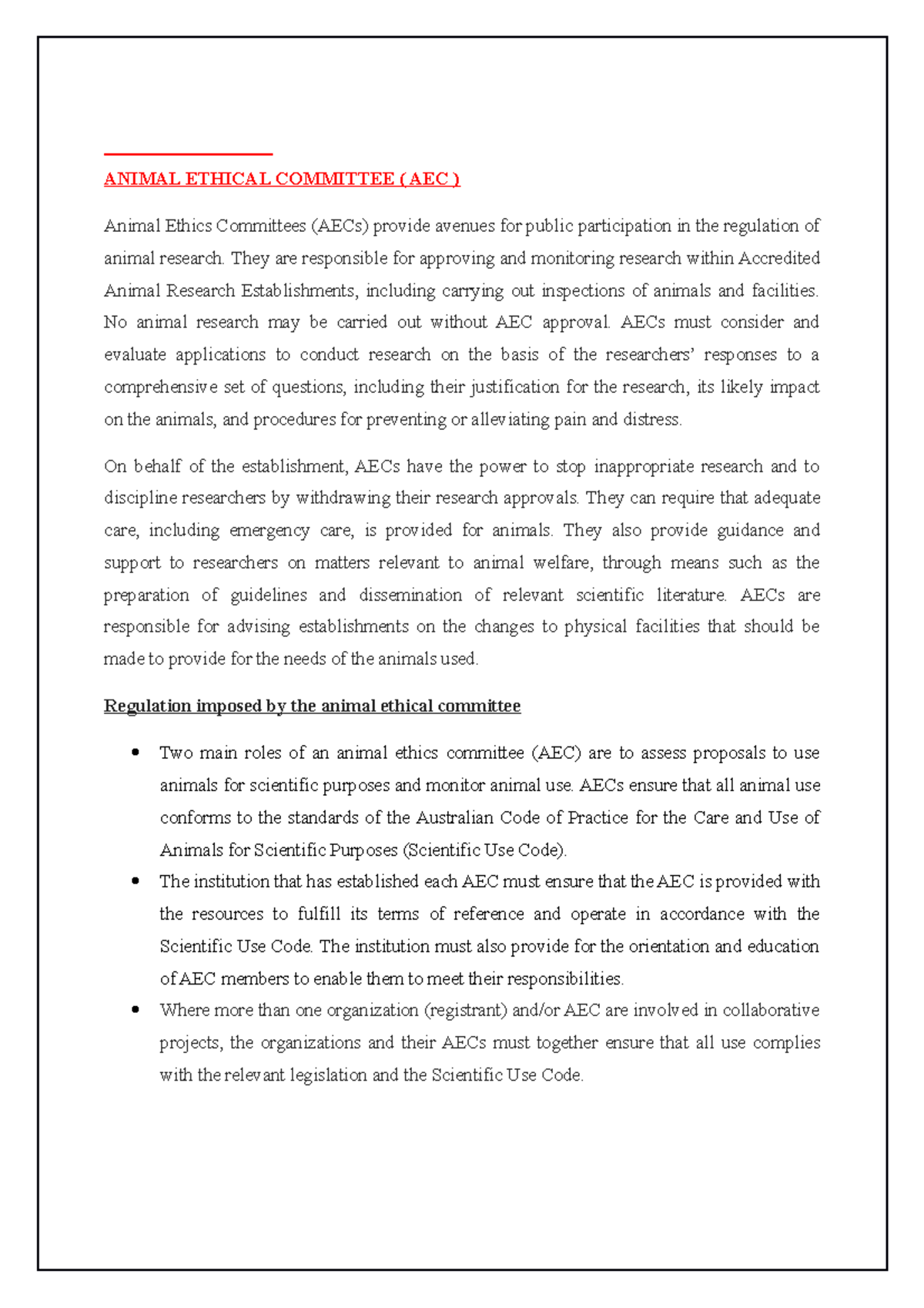 Animal community ethics - ANIMAL ETHICAL COMMITTEE ( AEC ) Animal ...