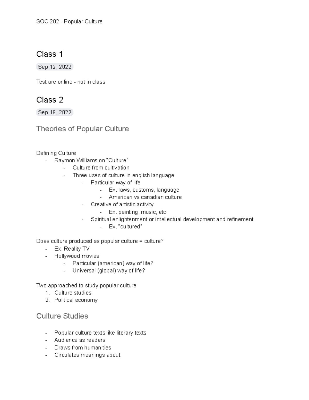 SOC 202 Class Notes 1-9 - Class 1 Sep 12, 2022 Test are online - not in ...