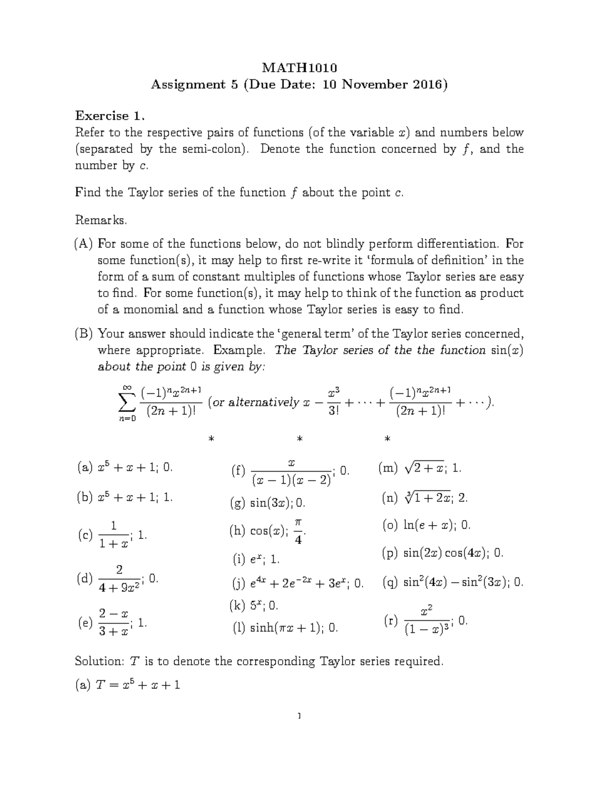 Homework 05 - MATH1010 Assignment 5 (Due Date: 10 November 2016 ...