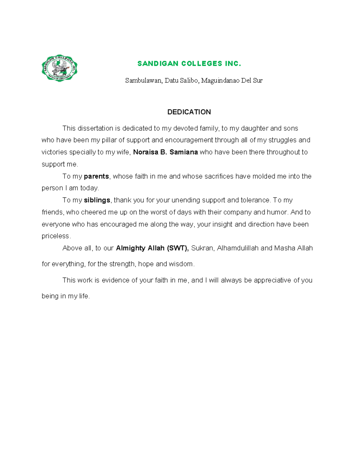 Akmad samiana - plgfghjhb - SANDIGAN COLLEGES INC. Sambulawan, Datu ...