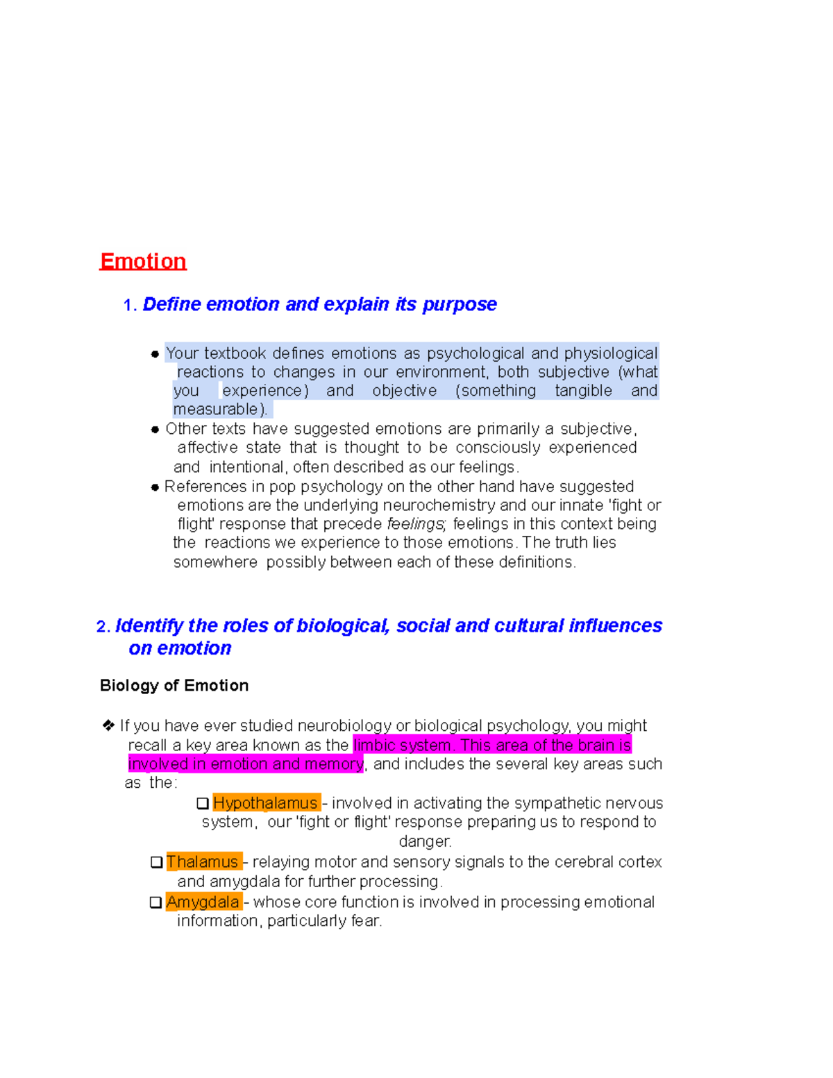 PSY2071 - Emotion and Motivation lecture notes - Emotion 1. Define ...
