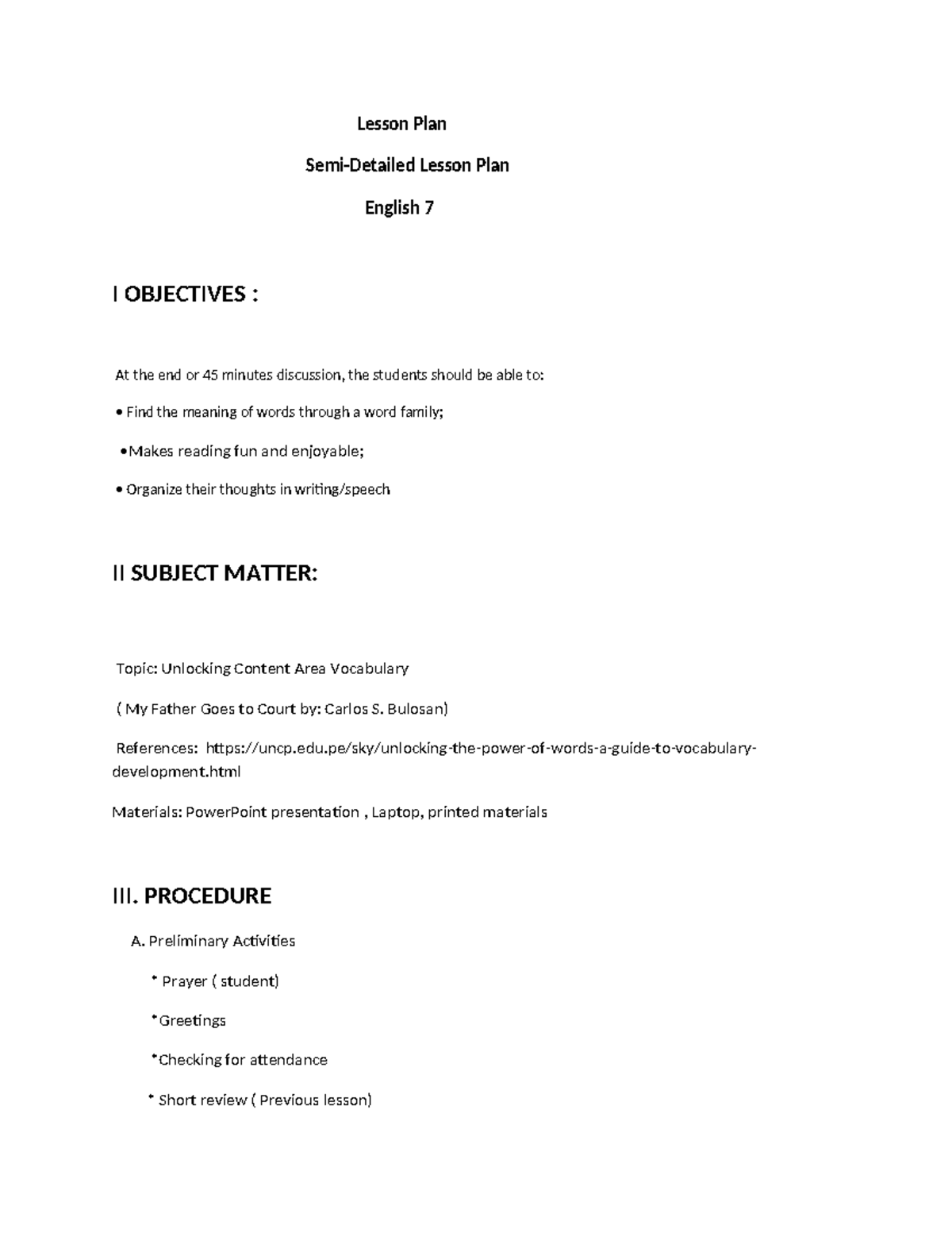 Lesson plan for Tuboran nhs - Lesson Plan Semi-Detailed Lesson Plan ...