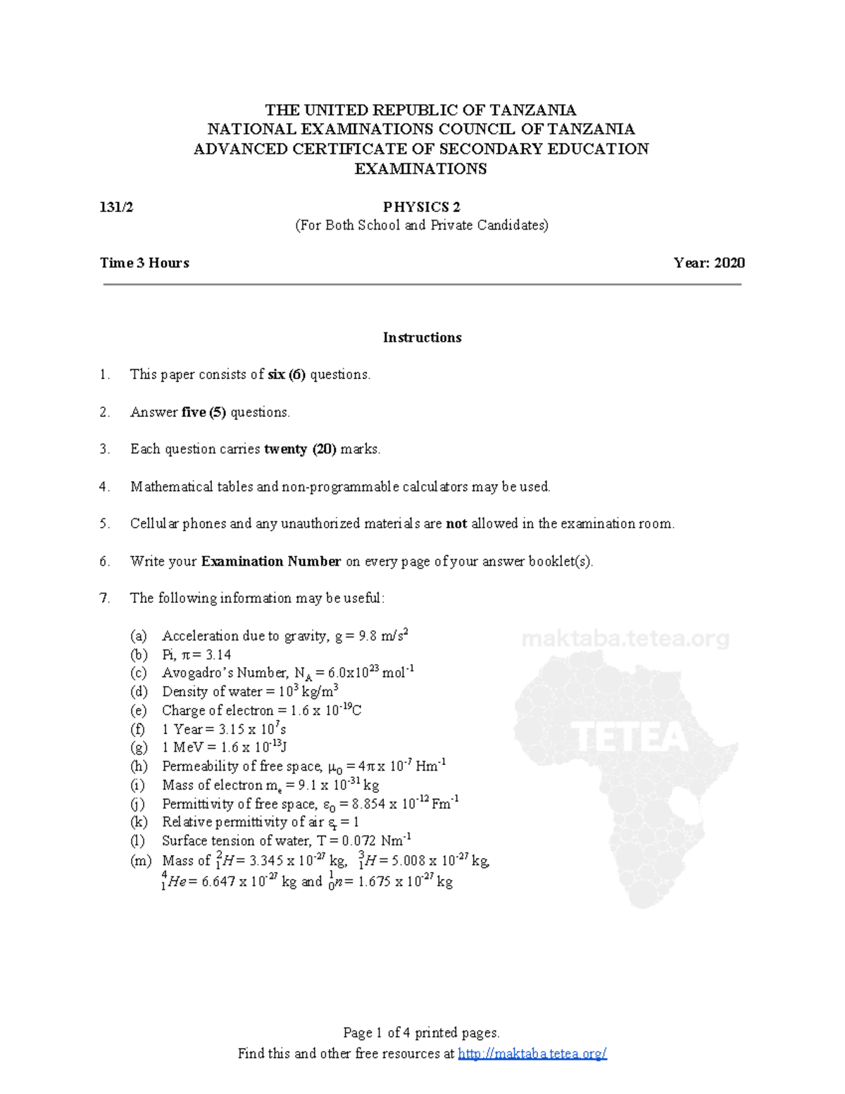 Physics 2 - F6 - 2020 - Good - THE UNITED REPUBLIC OF TANZANIA NATIONAL ...