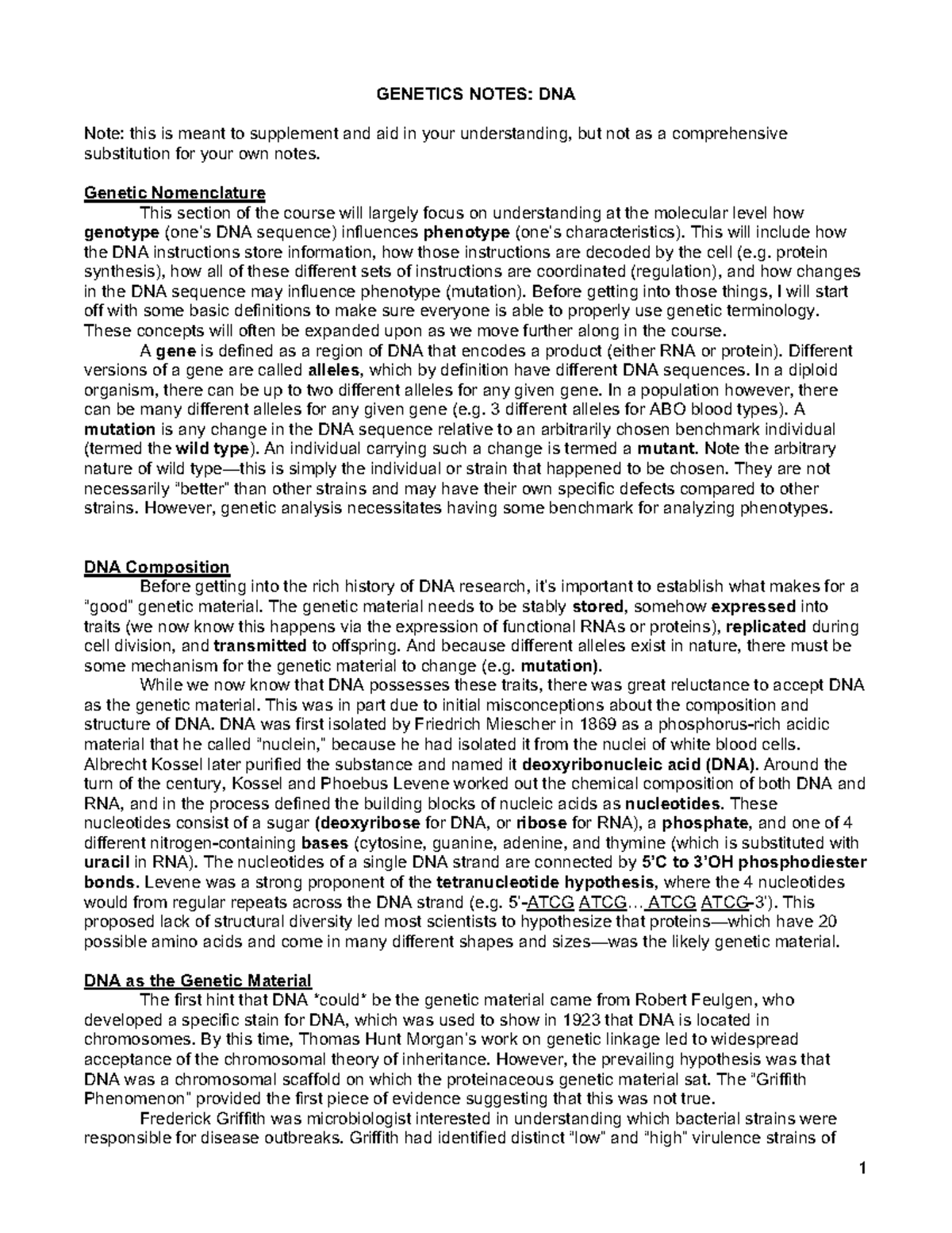 DNA lecture notes - Genetic Nomenclature - GENETICS NOTES: DNA Note ...