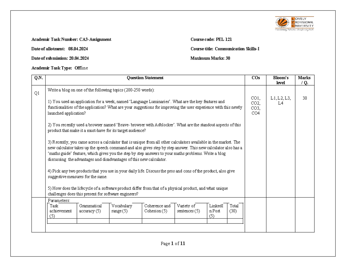 Sample CA3 PEL121 - i hace - Academic Task Number: CA3-Assignment Course code: PEL 121 Date of ...