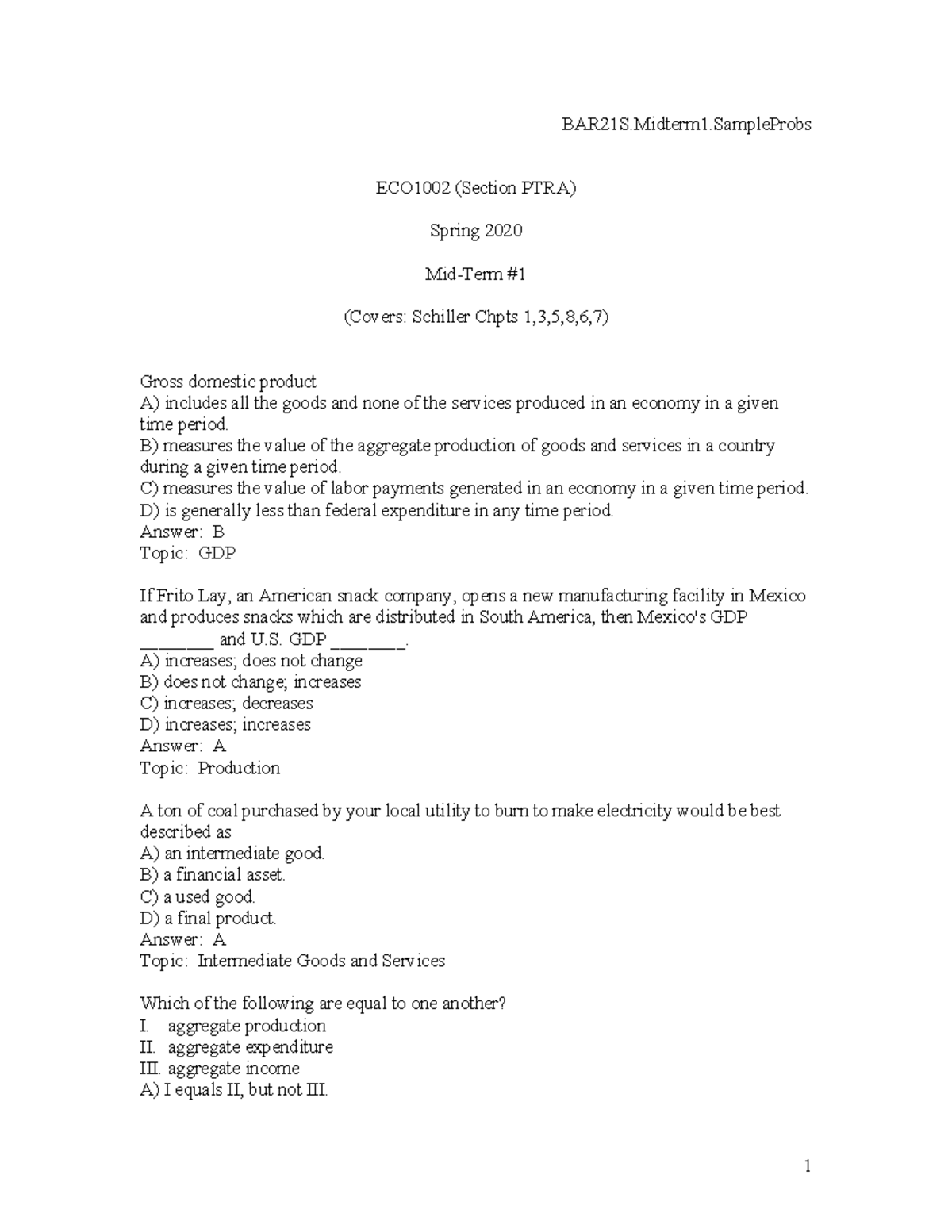 Midterm1.SampleProbs - BAR21S.Midterm1 ECO1002 (Section PTRA) Spring 2020 Mid-Term # (Covers ...