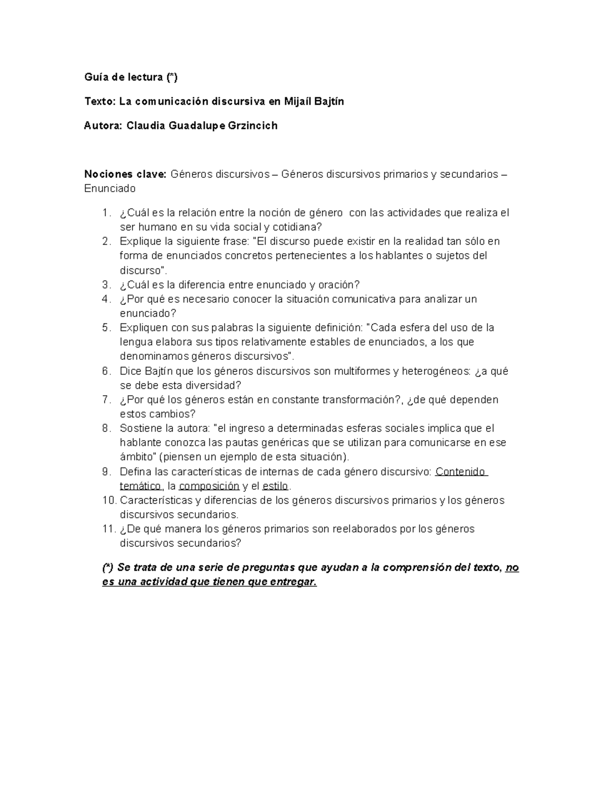 Guía de lectura - Géneros discursivos Bajtín - Guía de lectura ...