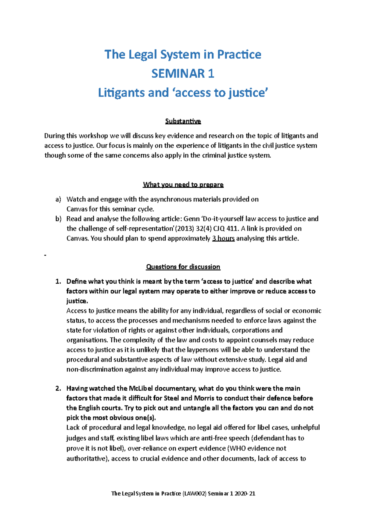 Seminar 1 handout - litigants and access to justice - The Legal System ...