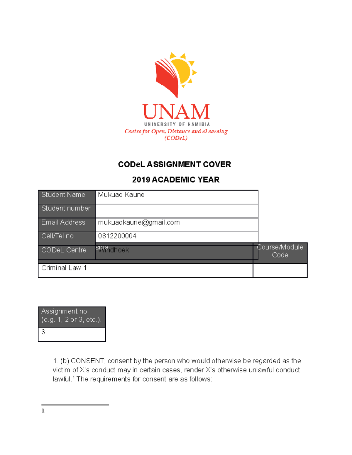 Criminal LAW Assignment 3 - CODeL ASSIGNMENT COVER 2019 ACADEMIC YEAR ...