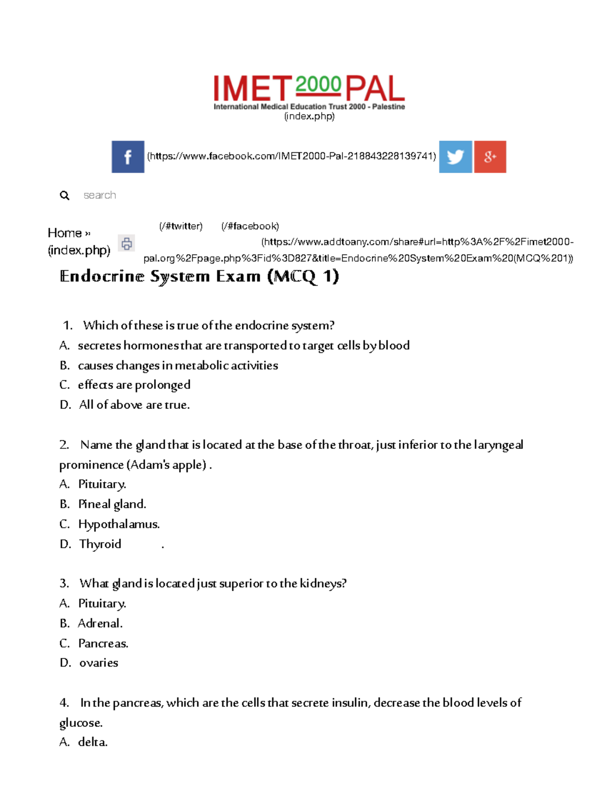 Endocrine System Exam (MCQ 1) - secretes hormones that are transported ...