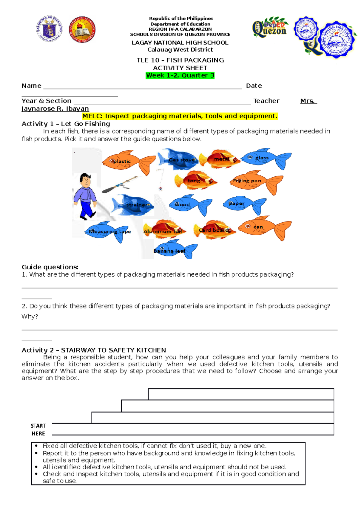 TLE 10 -Week 1-2-q3 - Activity/ Answer Sheets for the Third Quarter ...