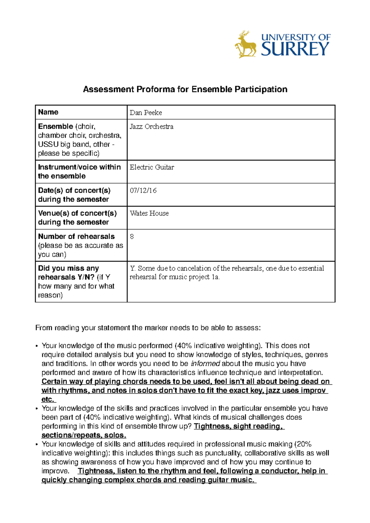 Ensemble Proforma - Assessment Proforma for Ensemble Participation Name ...
